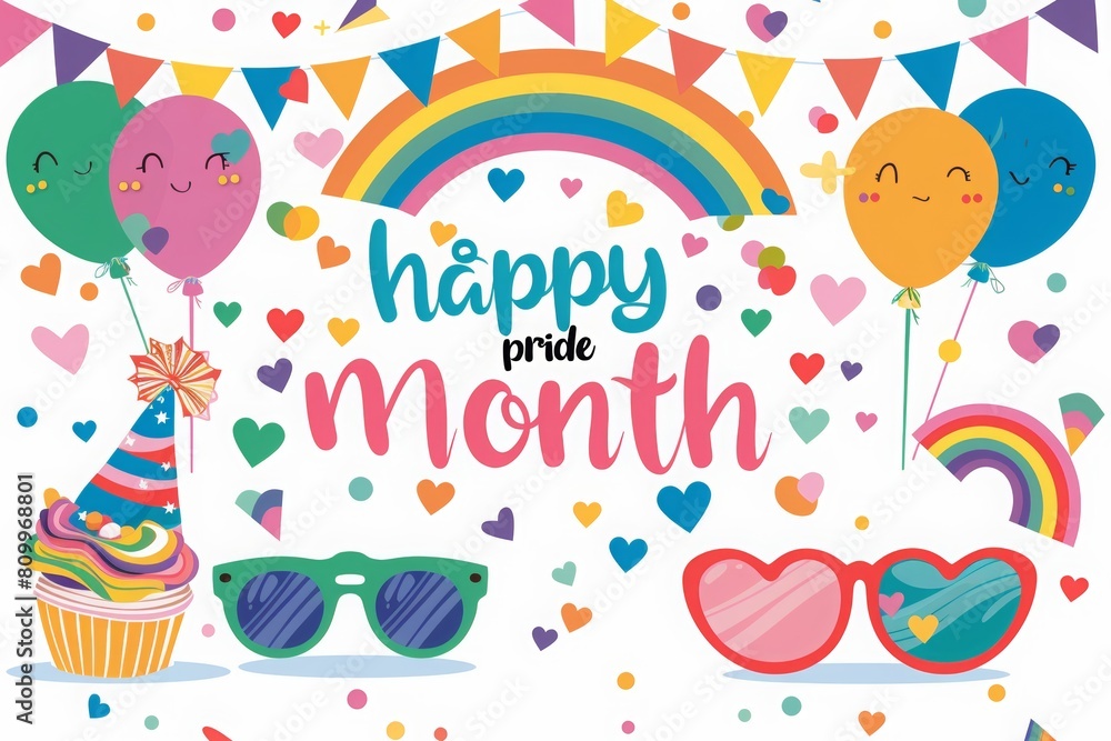 Pride month background with a rainbow, party hat and love sign. A pride ...