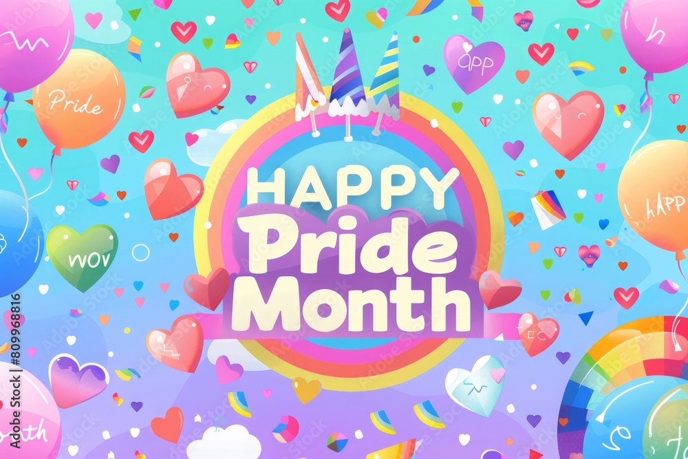Pride month background with a rainbow, party hat and love sign. A pride ...