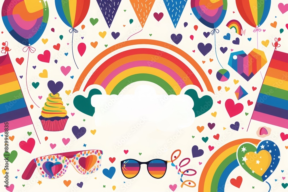 Pride month background with a rainbow, party hat and love sign. A pride ...
