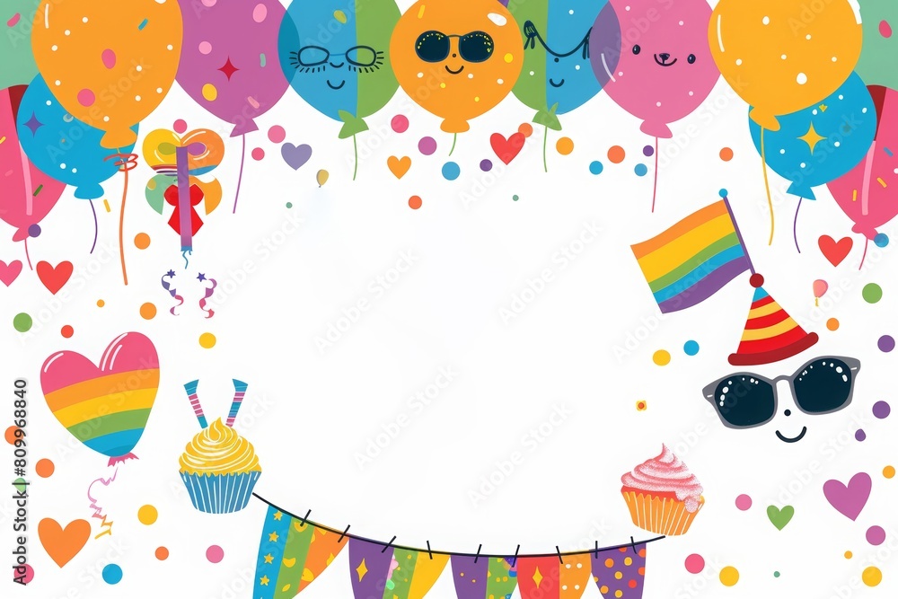 Pride month background with a rainbow, party hat and love sign. A pride ...