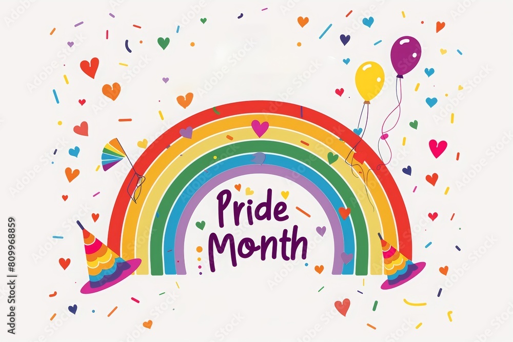 Pride month background with a rainbow, party hat and love sign. A pride ...