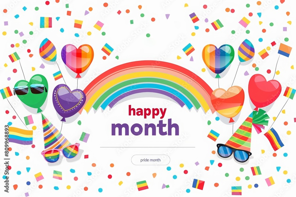 Pride month background with a rainbow, party hat and love sign. A pride ...