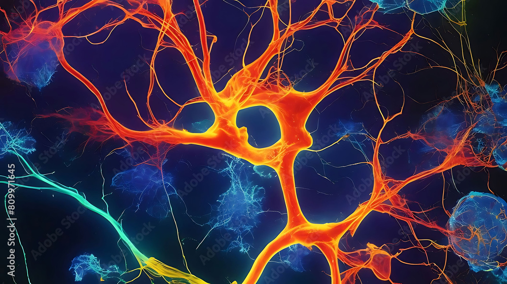 Vibrant illustration of astrocytes wrapping around neurons in the human ...