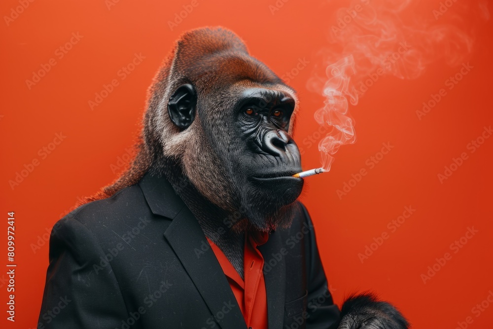 Gorilla boss in a business suit smokes a cigarette on a red background ...