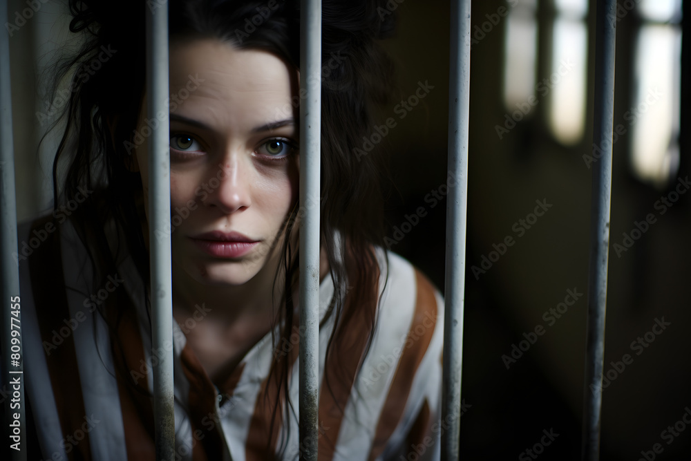woman in prison, woman behind bars sitting off her time in prison ...