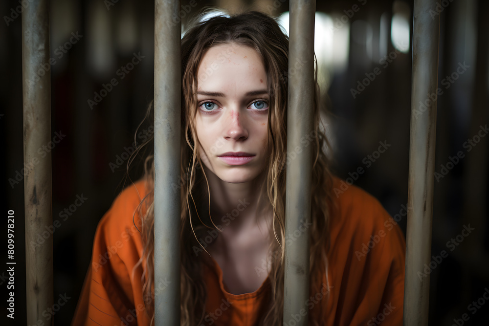 woman in prison, woman behind bars sitting off her time in prison ...