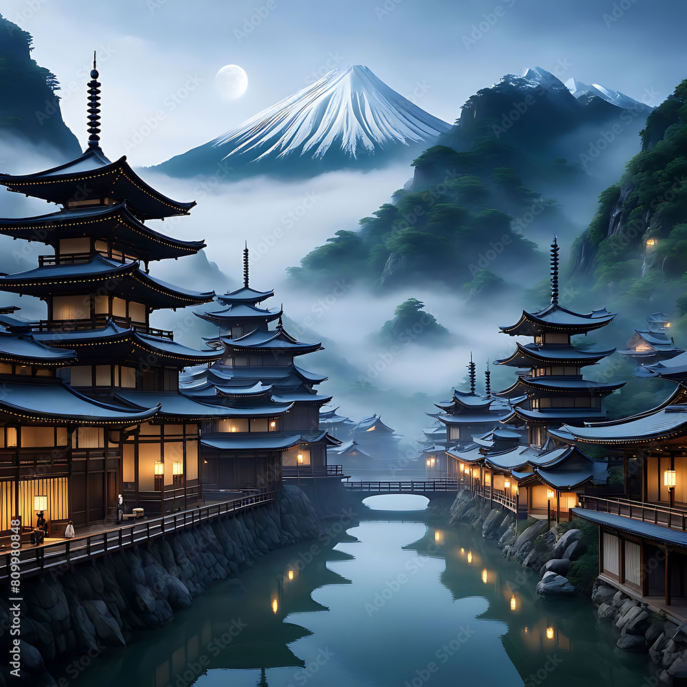 Mystical portrayal of advanced ancient Japanese civilization in misty ...