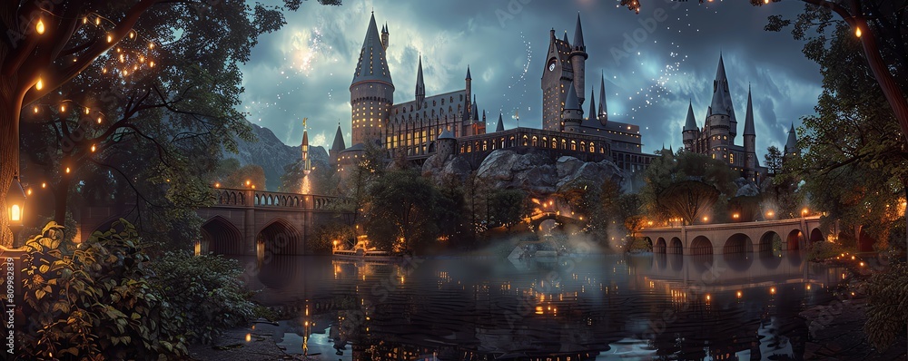 Produce a stunning 3D render capturing a panoramic view of a wizard ...