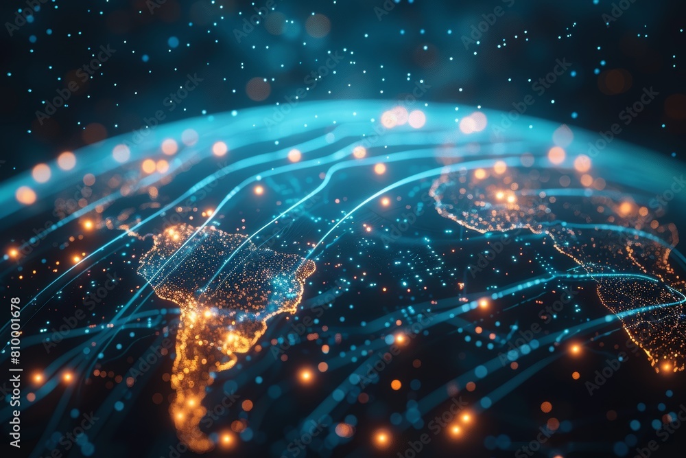 Global network with world map and glowing connections on dark background. Digital communication ...