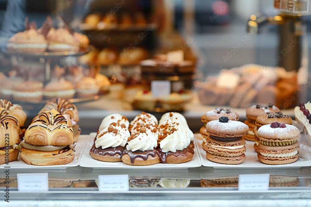 Showcase of artisan pastries like eclairs, cream puffs, and macarons in ...