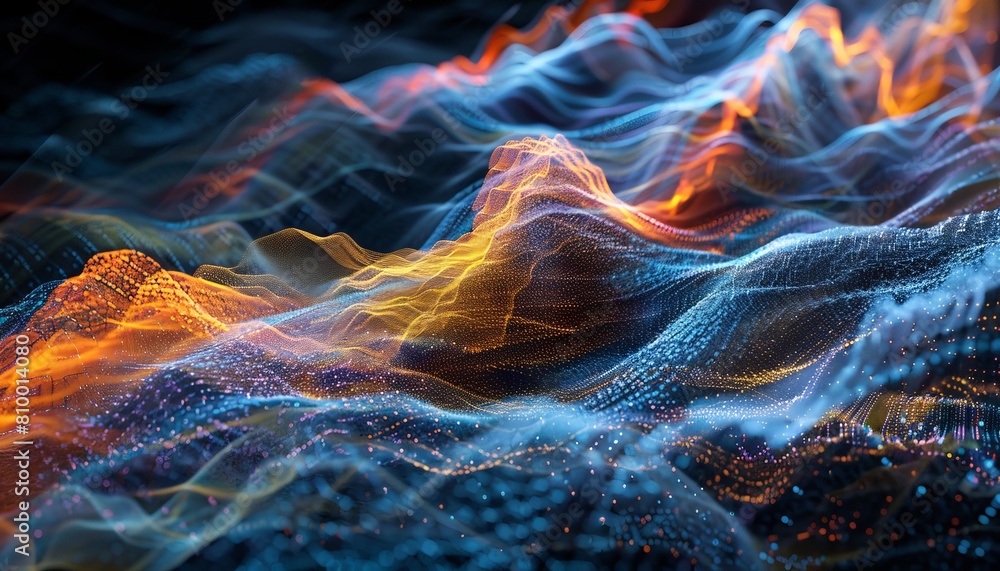 Intricate 3D hologram of a quantum computing core in Prussian blue, orange, and mustard hues ...