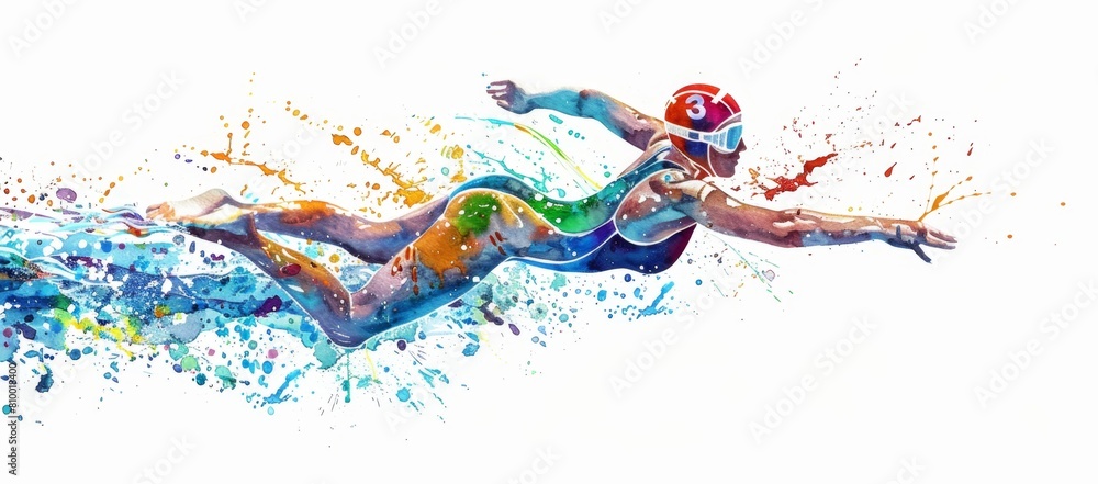 watercolor female swimmer in full gear diving into the water, colorful ...