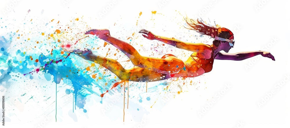 Watercolor illustration of a female swimmer diving into the water, with ...
