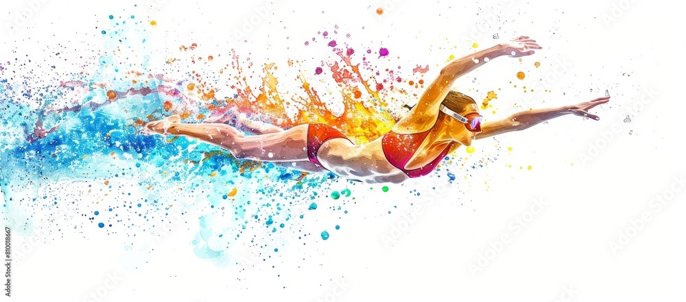 Watercolor painting of a female swimmer diving into the water, with ...