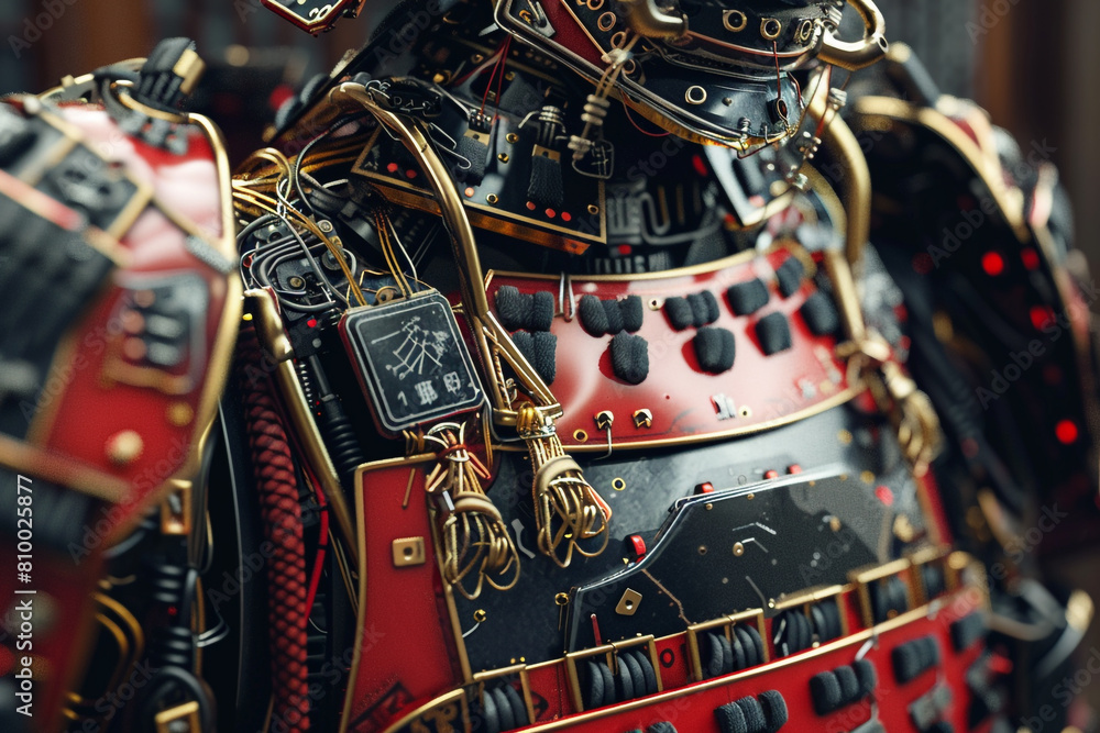 The intricate wiring of a robotic samurais armor blending traditional ...