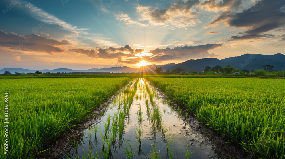 green rice field and beautiful sunset sky in Thailand, rice paddy farm ...