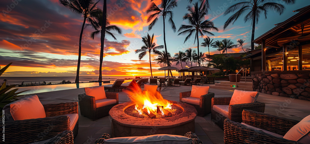 A luxury outdoor patio with an elegant fire pit, comfortable seating ...