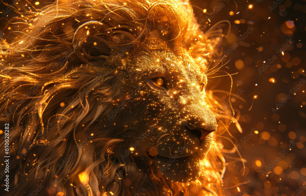 Zodiac sign Leo with a stylized lion head in yellow and golden lights ...