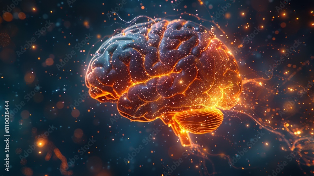 Glowing neural pathways within vibrant brain illuminated by sparks on a deep blue background ...