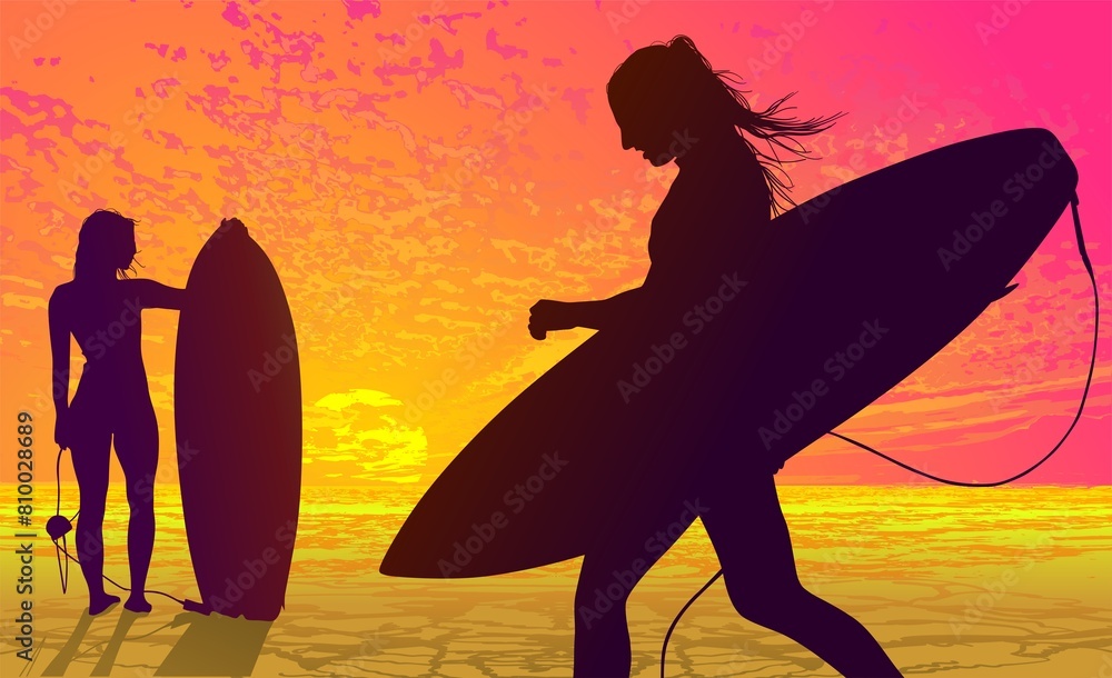 surfistas, contraluz, vector, tabla, surf, mar, atardecer, mujer ...