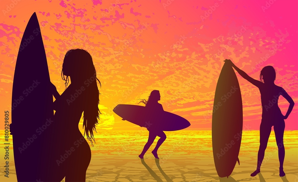surfistas, contraluz, vector, tabla, surf, mar, atardecer, mujer ...