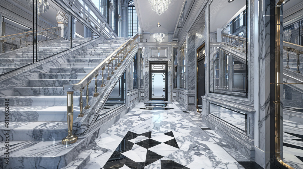 Classic luxury entrance hall with a silver veined marble staircase ...