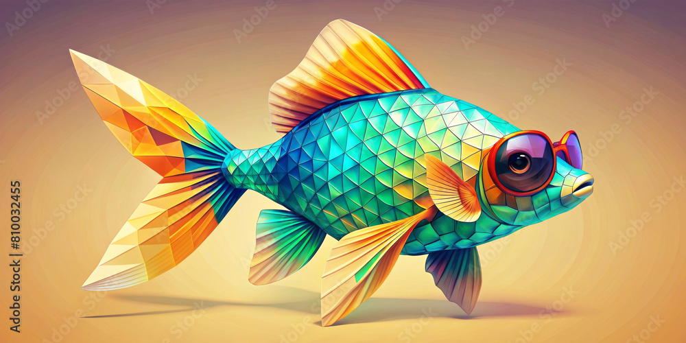 It depicts a brightly coloured fish with a geometric pattern wearing a ...