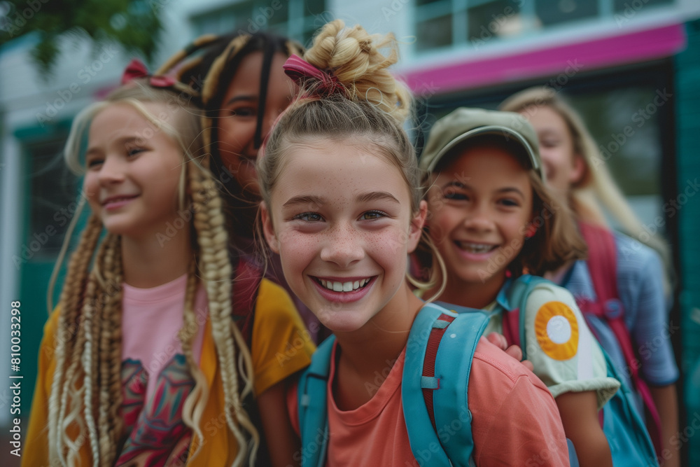 Cheerful children of different skin colors play on the school ...