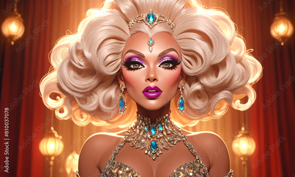 A drag queen wearing a garment with fashion accessories like a necklace ...