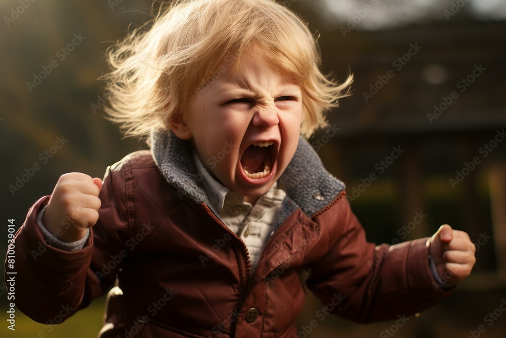 Young child outdoors with a furrowed brow and mouth open, expressing a ...