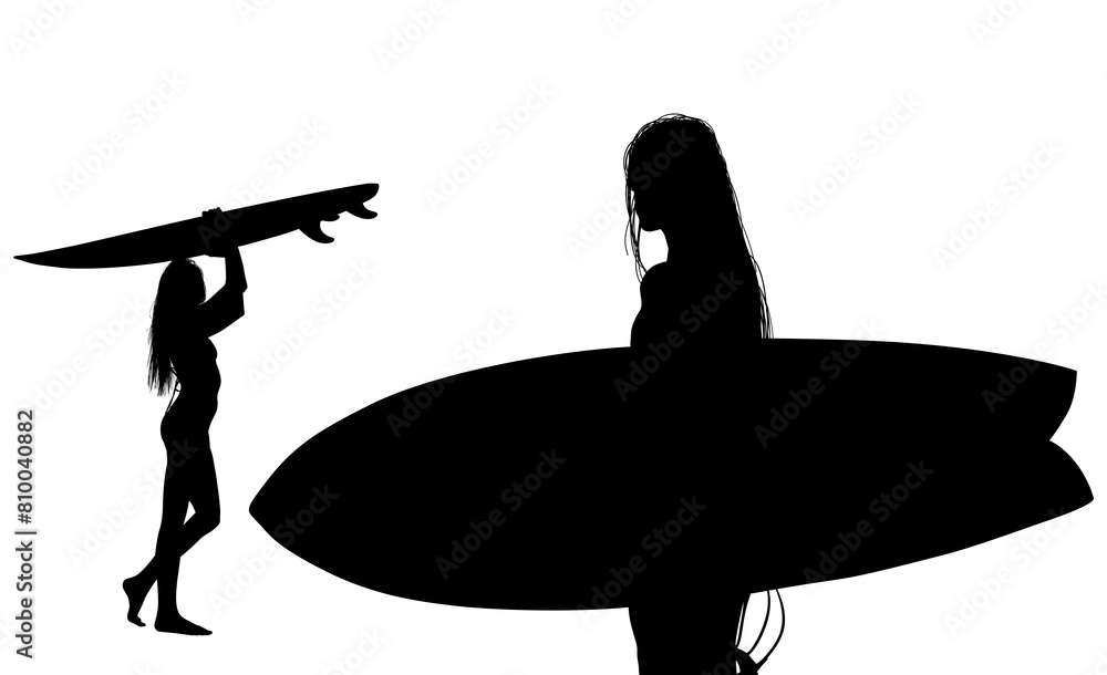 surfistas, contraluz, vector, tabla, surf, mar, atardecer, mujer ...