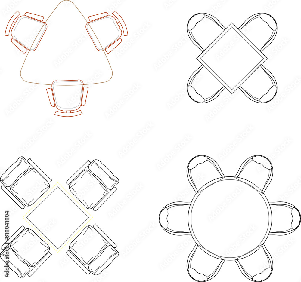 Detailed vector sketch illustration of table and chair arrangement ...