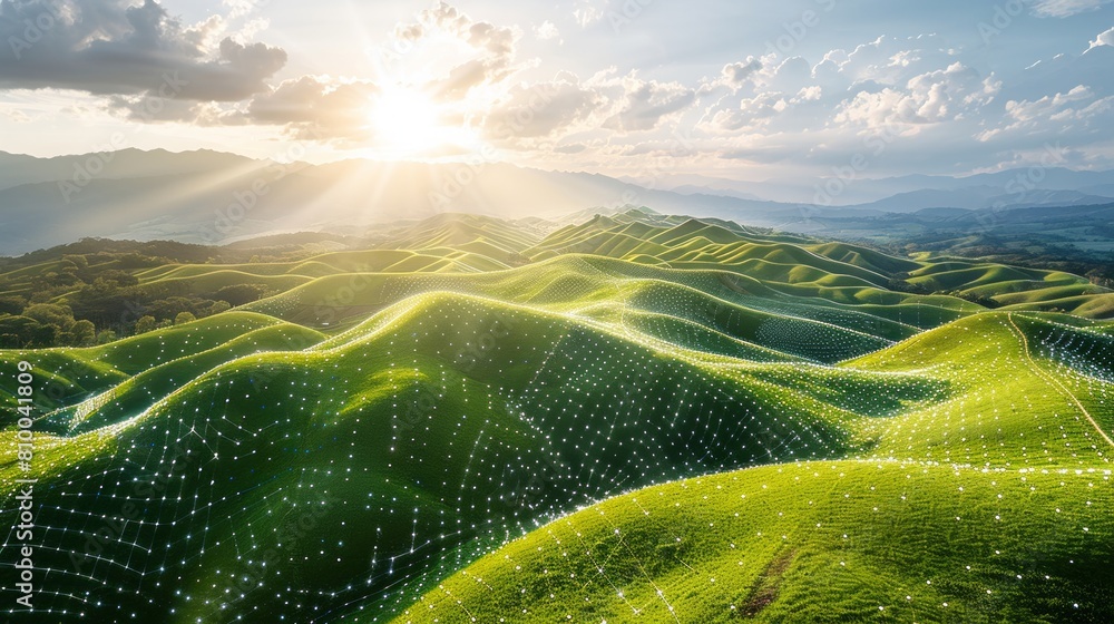 Vibrant green hills under a sunny sky with a futuristic digital network ...
