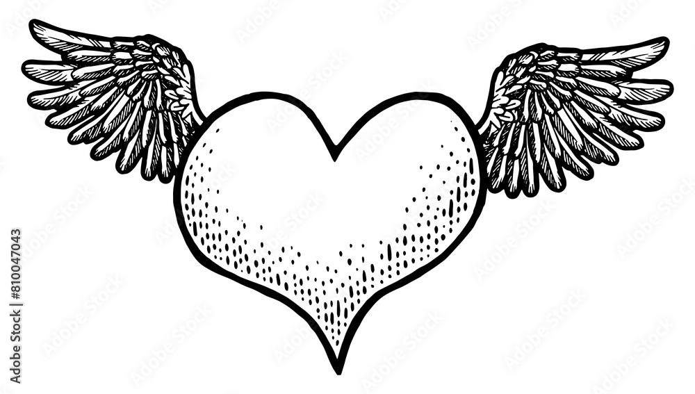 Photo & Art Print Heart symbol fly on wings sketch engraving PNG ...