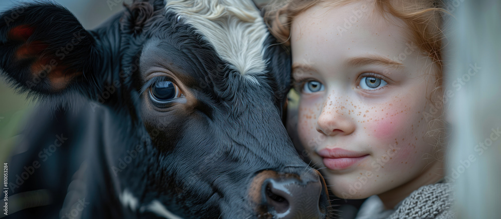 Red haired, freckled girl hugs black cow with tenderness. For banner ...