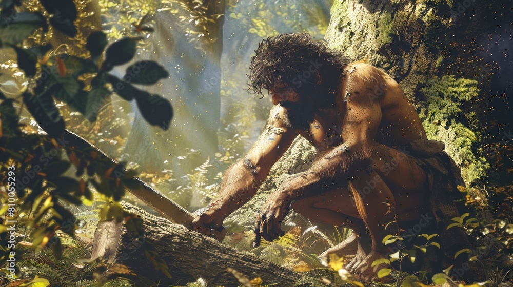 caveman carving a tree with his basic weapon prehistoric day in high ...
