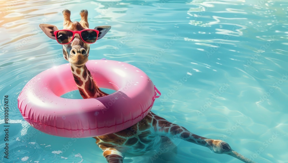 A giraffe wearing sunglasses, is floating in the pool on an inflatable ...