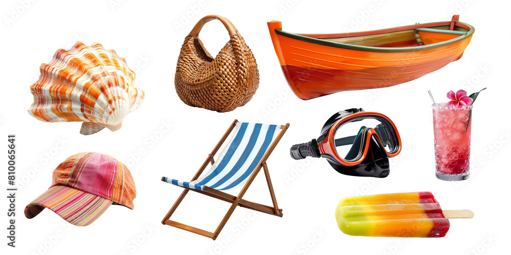 Various beach items as elements for summer holiday vacation including ...