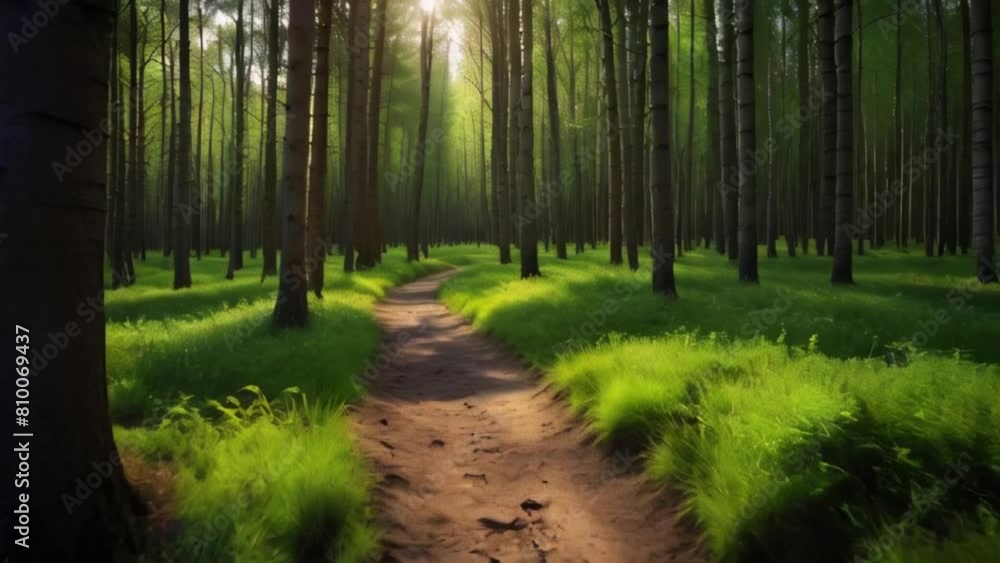 Footpath in the woods, man-made forest with tall trees and green grass ...