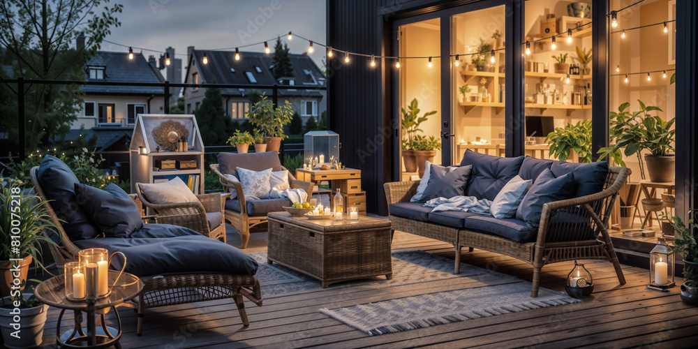 Stylish Rooftop Terrace with String Lights and City View, Evening ...