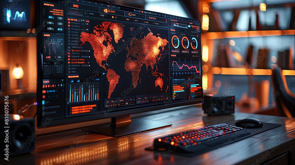 A high-tech monitor in a cybersecurity command center displaying a sophisticated dashboard with ...