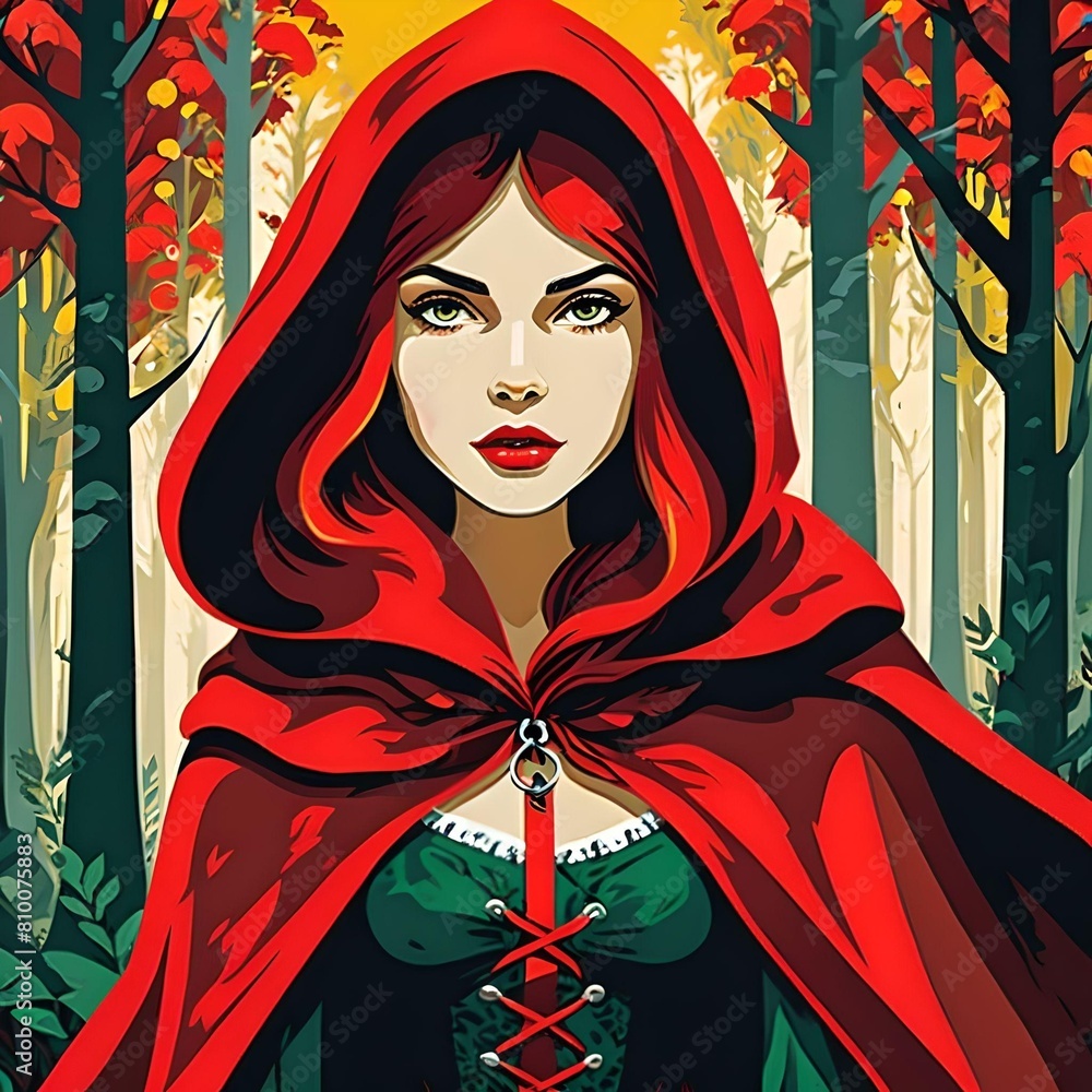 Artistic rendition of Red Riding Hood standing confidently in autumnal ...