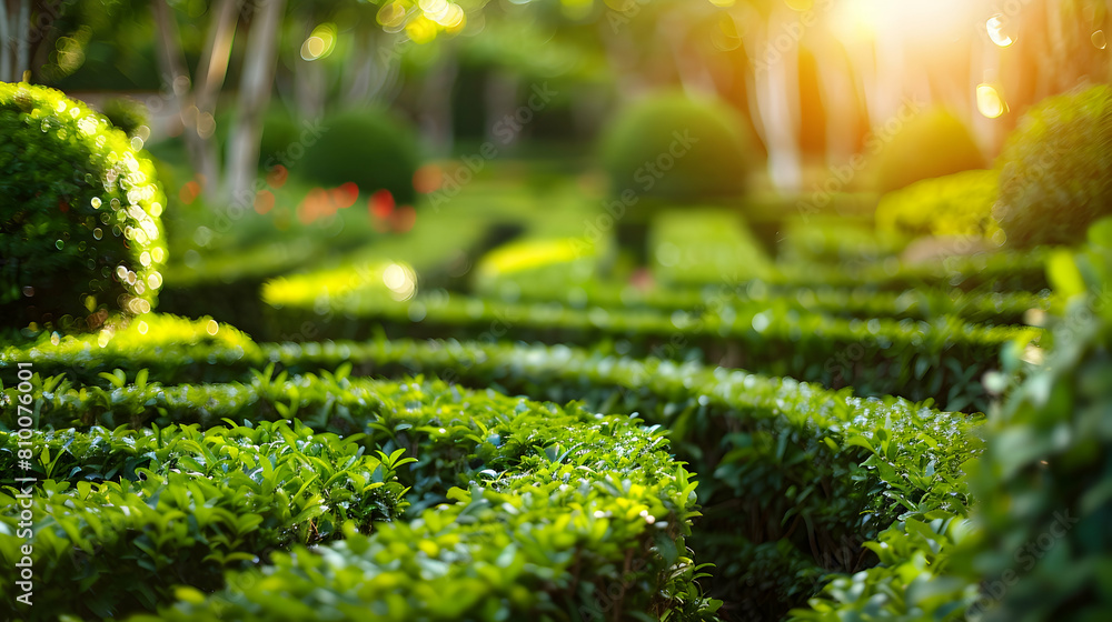 An intricate garden hedge, perfectly manicured and forming geometric ...