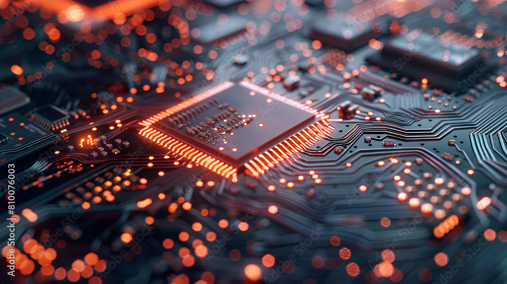 Circuit board with moving electrons and central processing unit CPU. Data flow on a motherboard ...