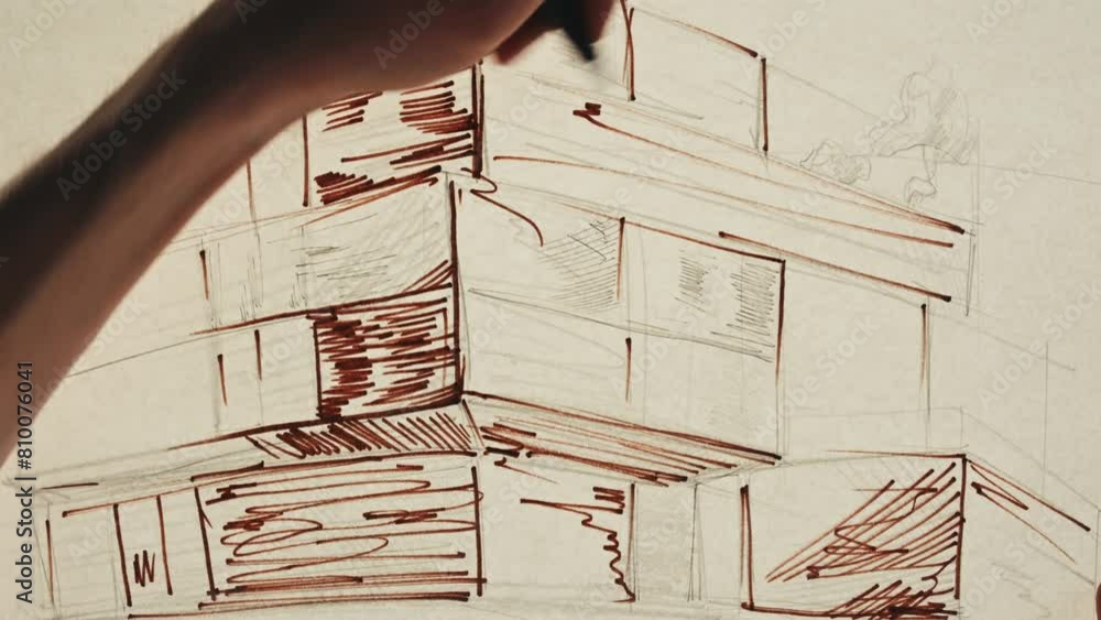 Young man artist is drawing buildings by pencil on white paper top view ...