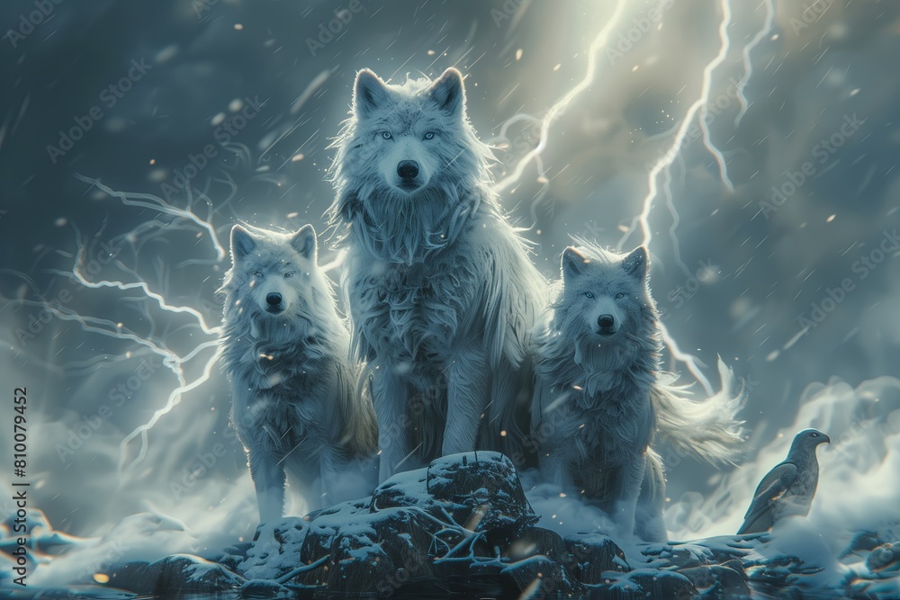 3 wolves and one big eagle standing on top of snowing mountain Stock ...