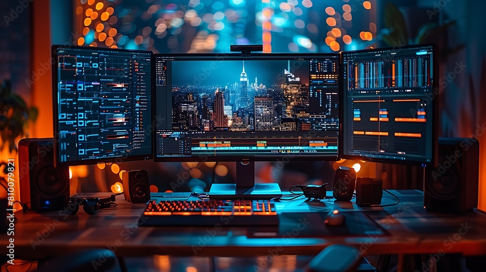 A professional film editing monitor setup with detailed displays of ...