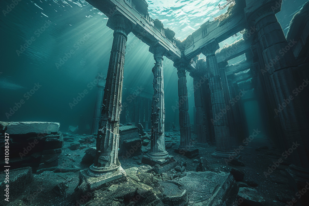 A haunting underwater view of an ancient Greek temple, its ruins lying ...