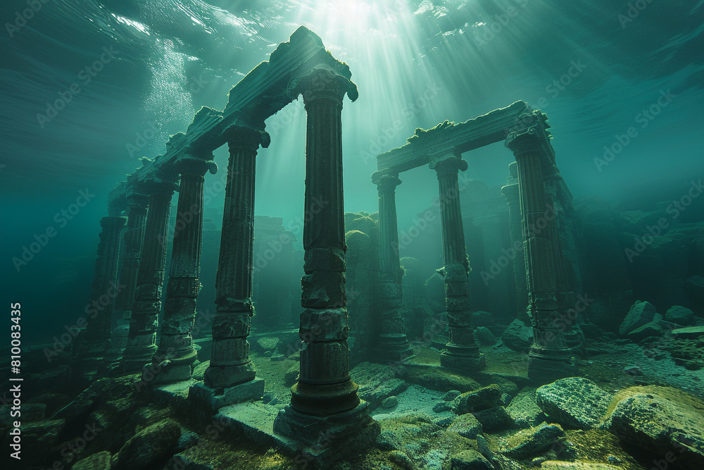 A haunting underwater view of an ancient Greek temple, its ruins lying ...