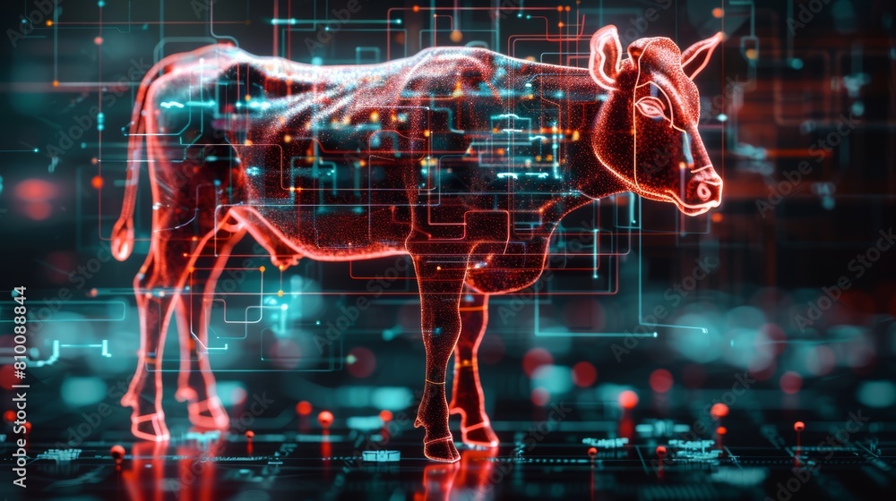 Hologram of a bull. The bull is made of red light and has a glowing ...